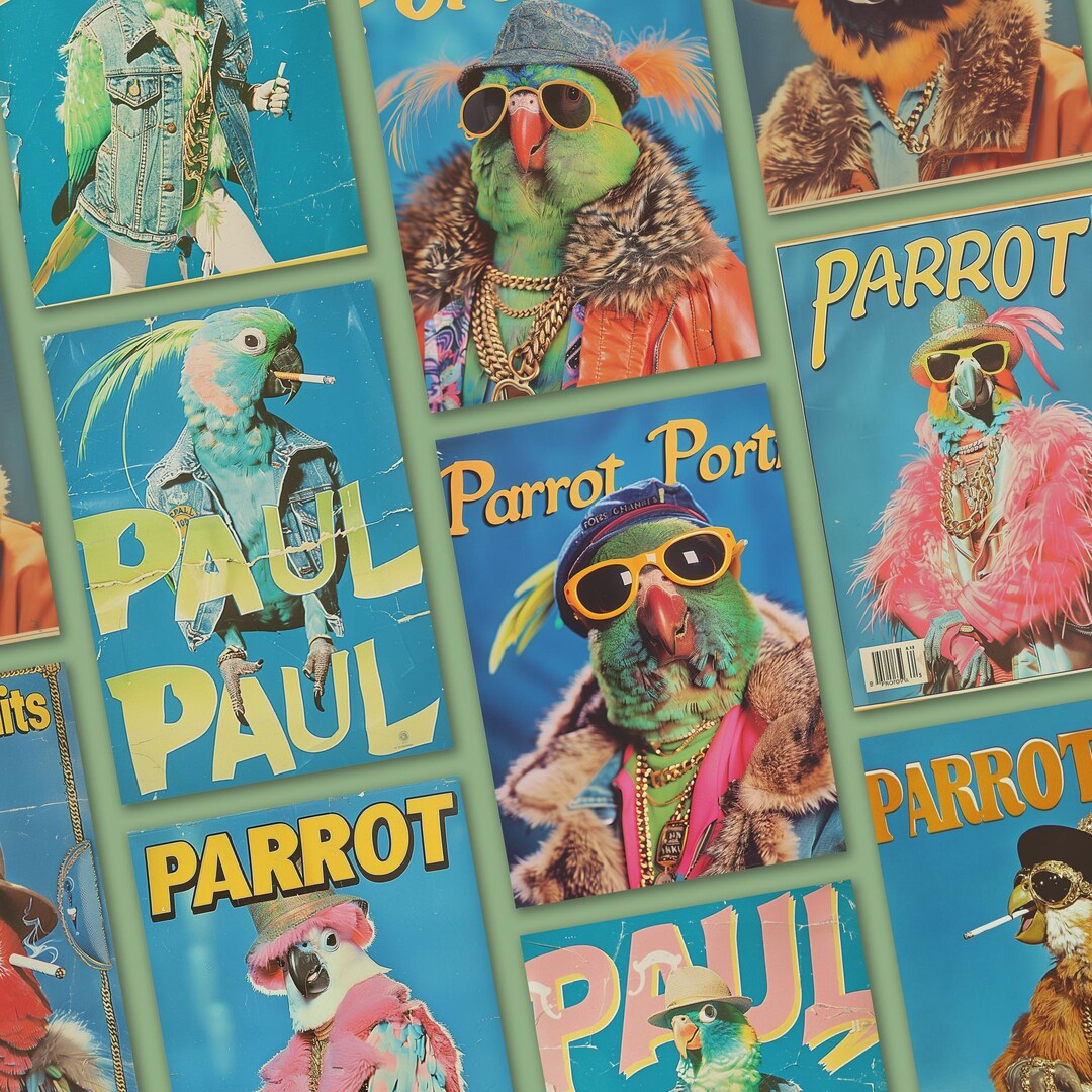 Custom 70s Retro Pet Portrait, Iconic Fashion Parrot Portrait, Pet Gift ...