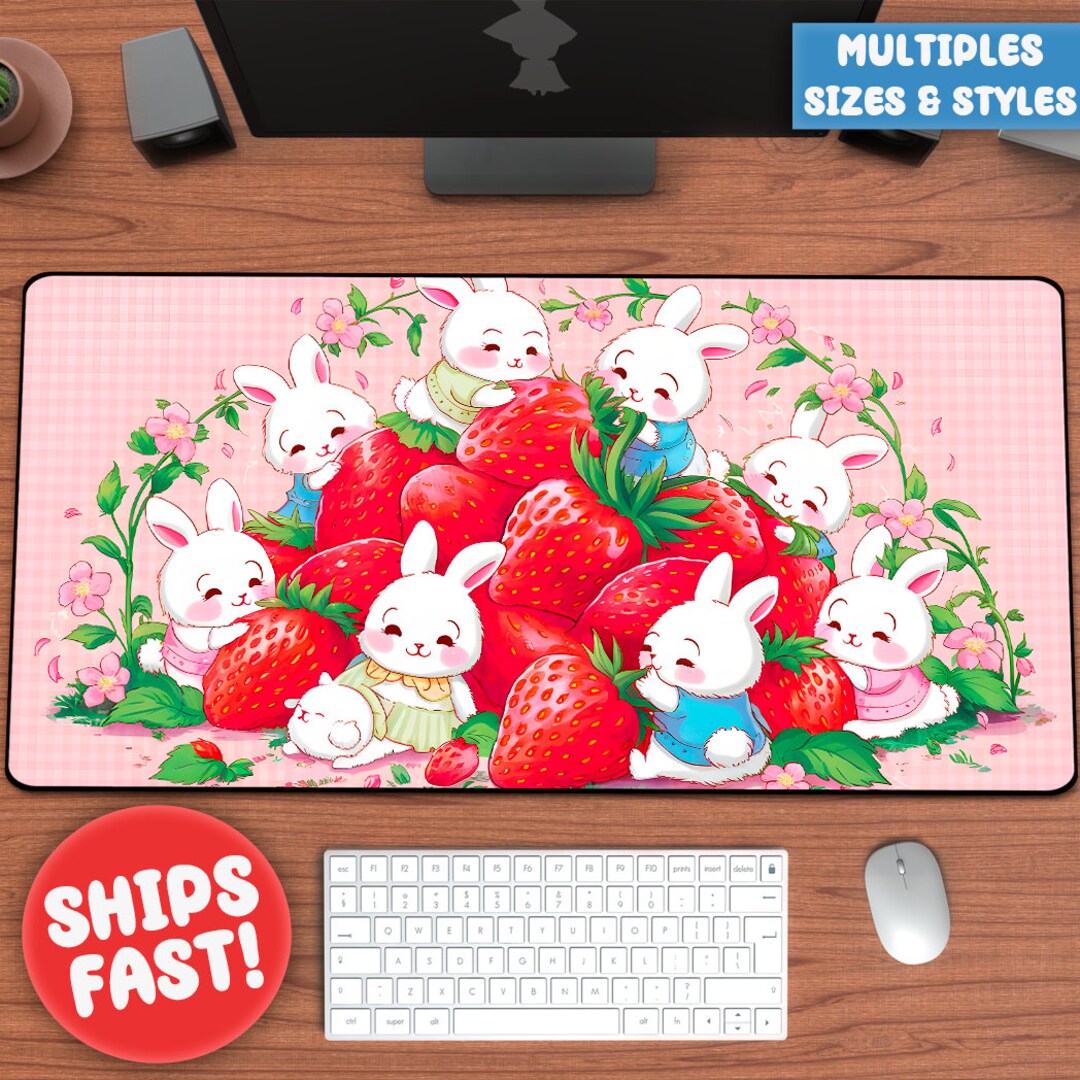 Cute Strawberry Bunnies Desk Mat Aesthetic, Kawaii Mouse Pad With Wrist ...