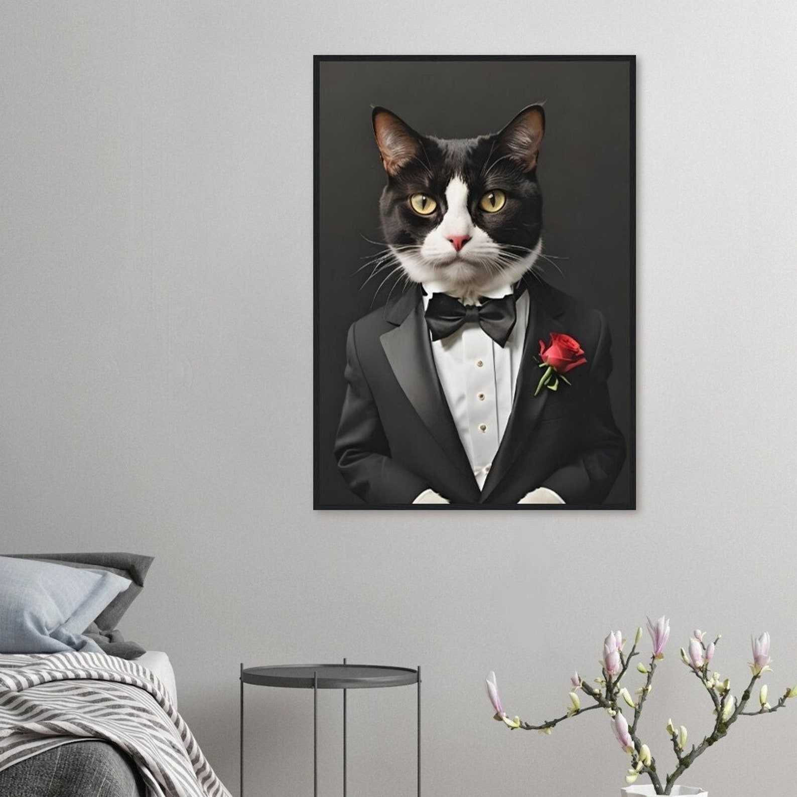 Black Cat Tuxedo Cat Portrait Art Wall Art With Rose in Pocket Hanging ...