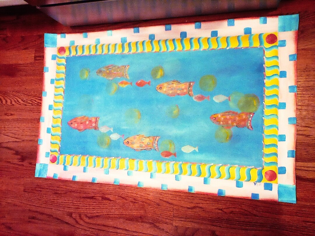 Hand Painted Canvas Floor Cloth Swimming Fish - Etsy