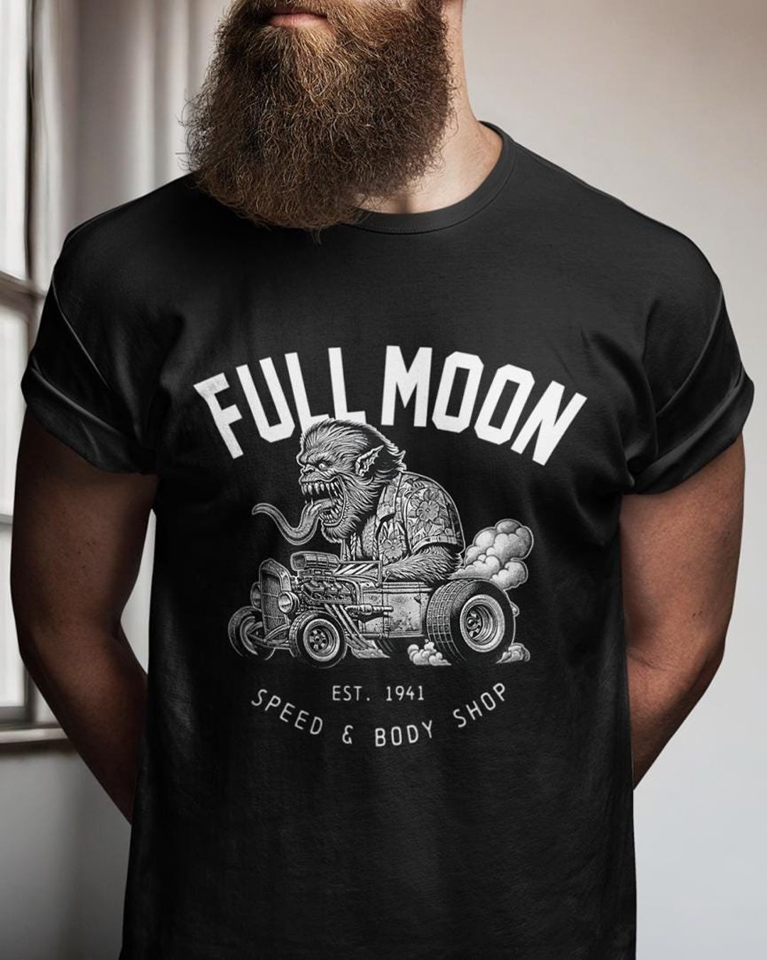 Wolf Man Horror Hot Rod Tshirt Werewolf Tee Drag Race Shirts Full Moon ...