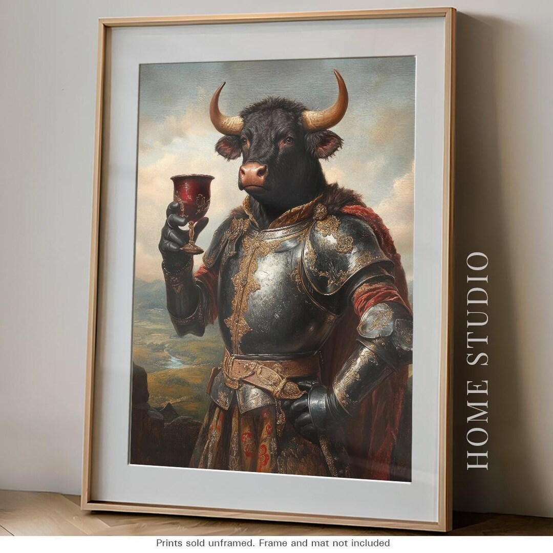 Knight Bull Art Print - Medieval Armor Picture, Vintage Fantasy Style ...