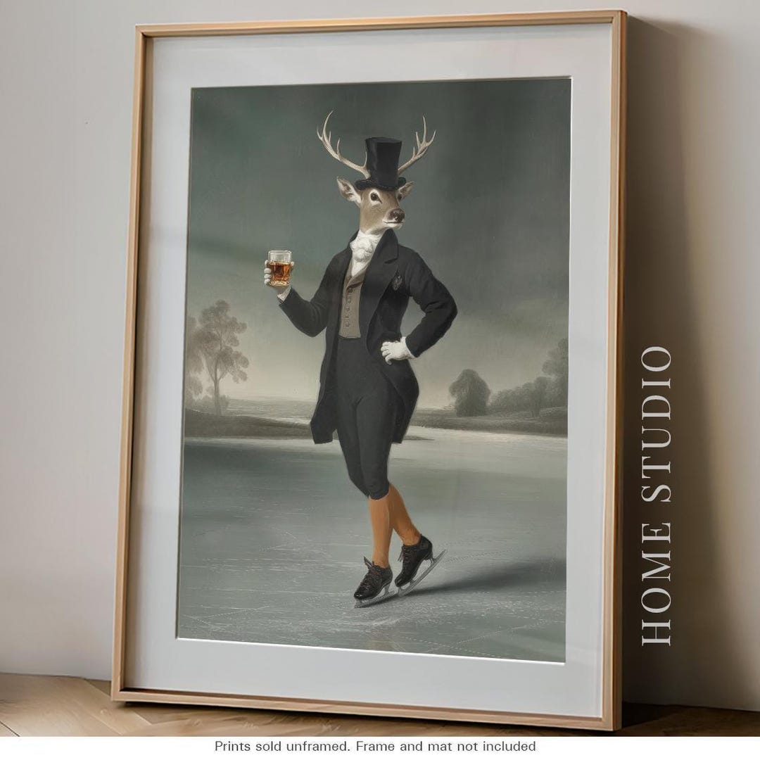 Victorian Stag Ice Skater Portrait - Whimsical Winter Wall Art, Dapper ...