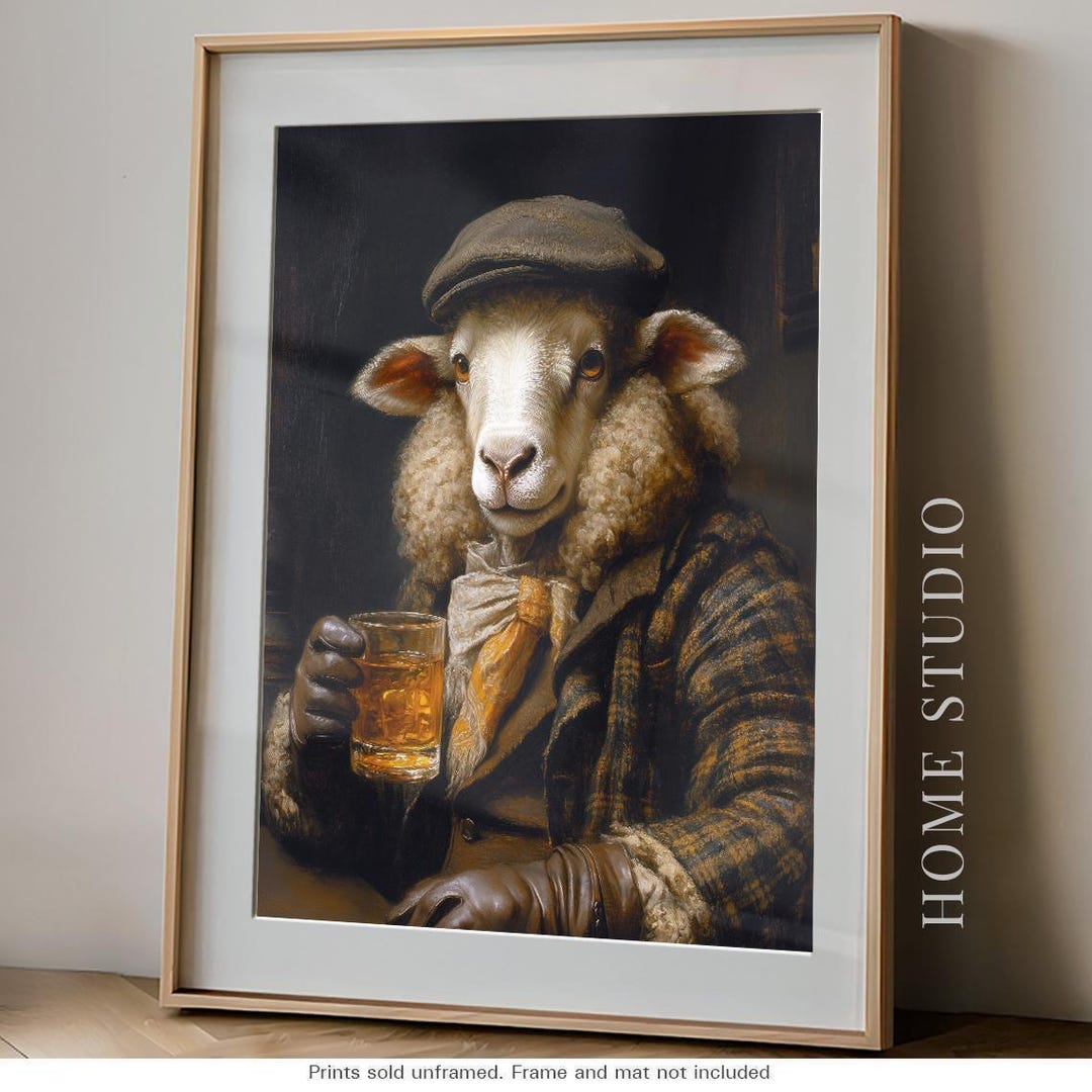 Sheep With Whiskey Portrait – Rustic Farm Animal Art, Cozy Pub-inspired ...