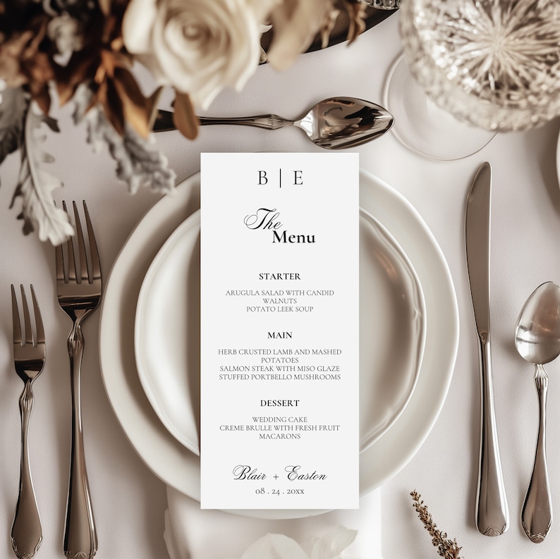 Modern Calligraphy Wedding Menu Template, Minimal Table Dinner Menu ...