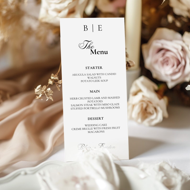 Modern Calligraphy Wedding Menu Template, Minimal Table Dinner Menu ...
