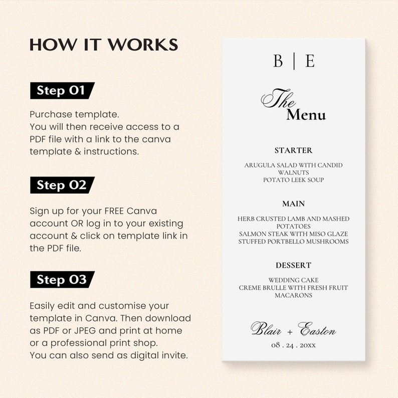 Modern Calligraphy Wedding Menu Template, Minimal Table Dinner Menu ...