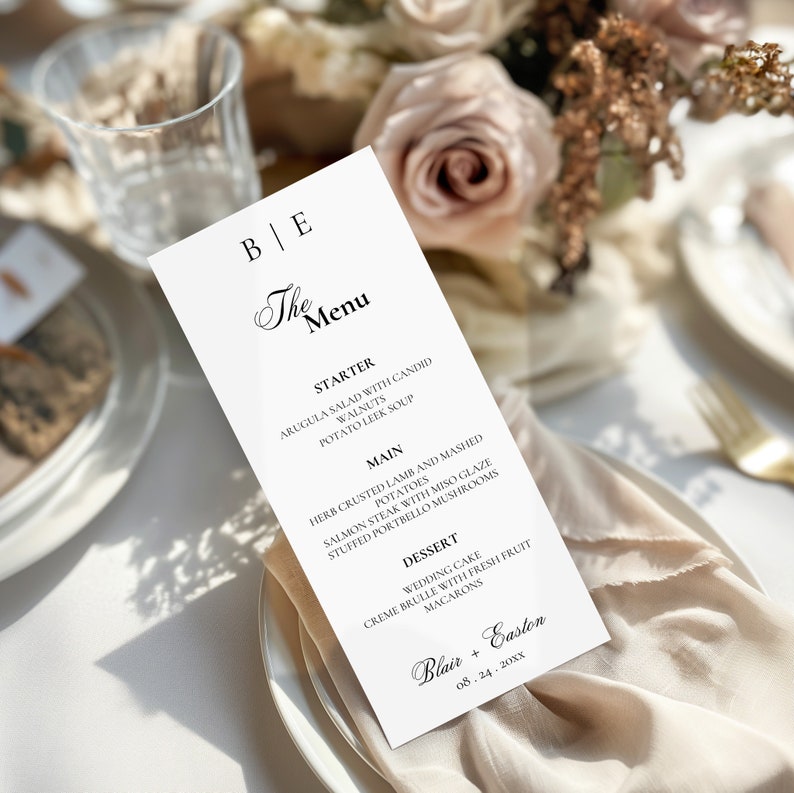 Modern Calligraphy Wedding Menu Template, Minimal Table Dinner Menu ...