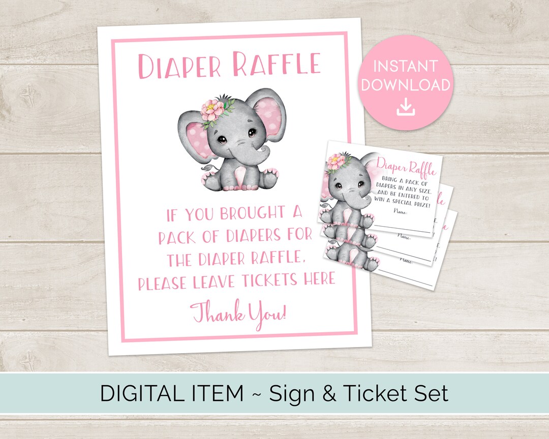 INSTANT DOWNLOAD Pink Baby Elephant Baby Shower Diaper Raffle Set, Girl ...