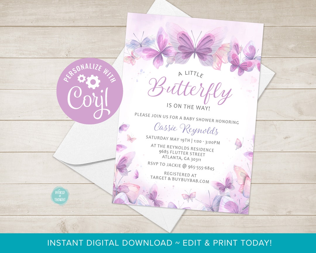 Butterfly Baby Shower Invitation, Instant Download Editable Invitation ...
