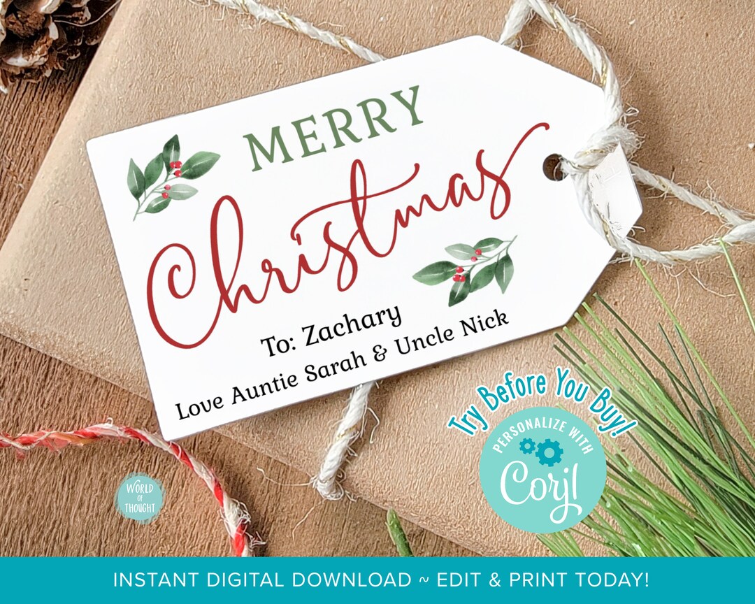 INSTANT DOWNLOAD Editable Merry Christmas Holly Christmas Tag ...