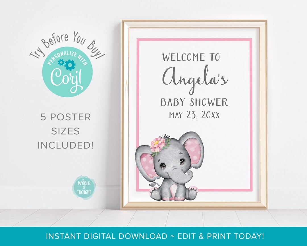 INSTANT DOWNLOAD Editable Pink Baby Elephant Baby Shower Poster, Girl ...