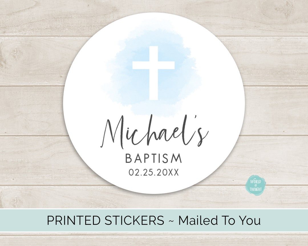 Blue Cross Baptism Favor Stickers, Custom Personalized Round Circle ...