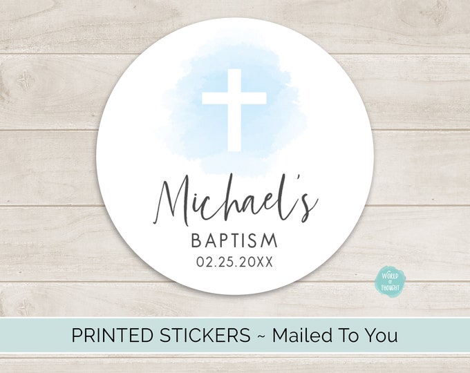 Blue Cross Baptism Favor Stickers, Custom Personalized Round Circle ...