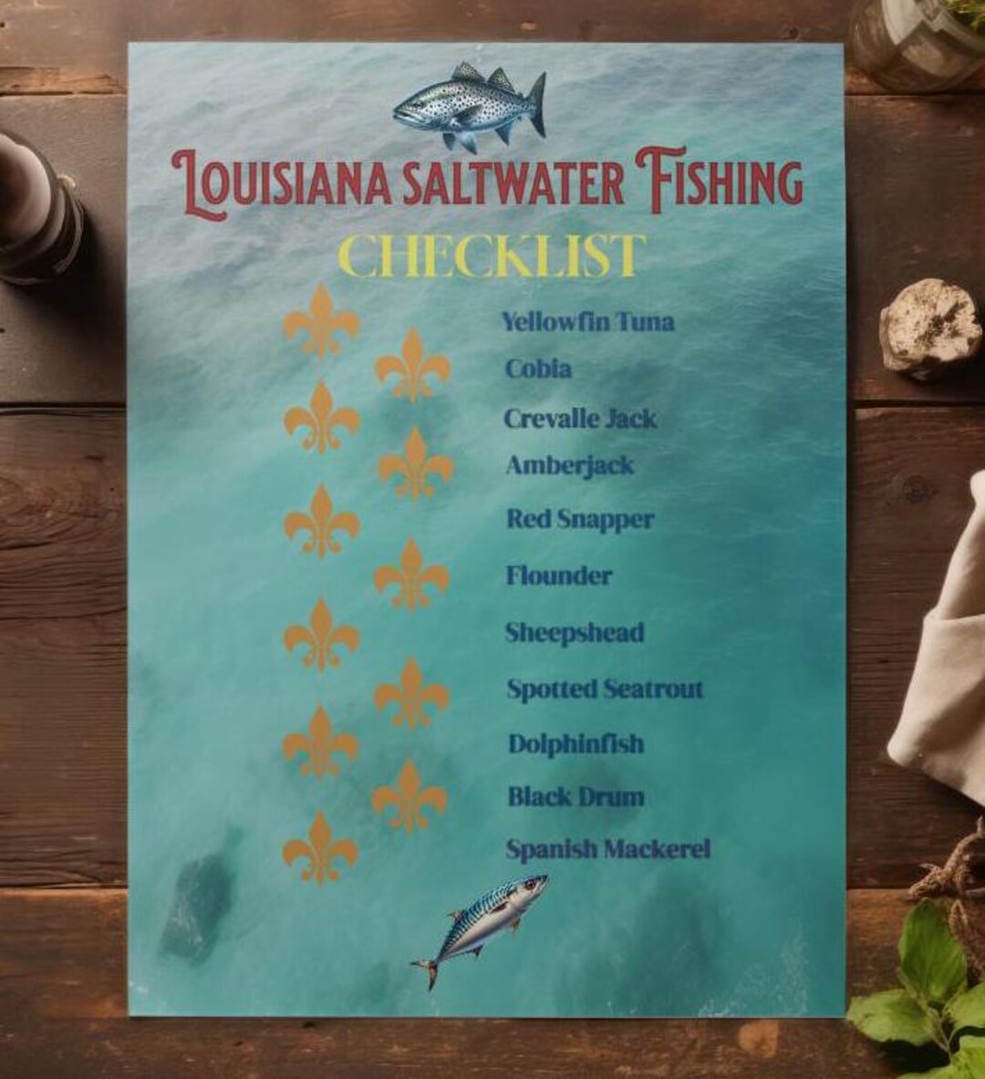 Louisiana Saltwater Fishing Checklist, Louisiana Wall Art Print, Fun ...