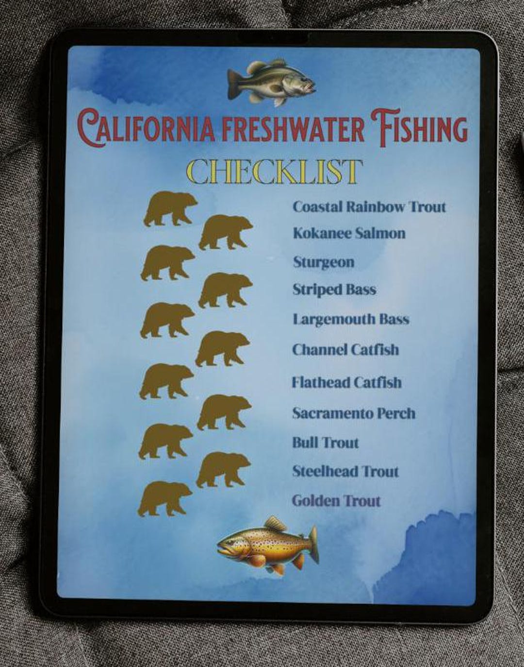 California Freshwater Fishing Checklist, California Wall Art Print, Fun ...