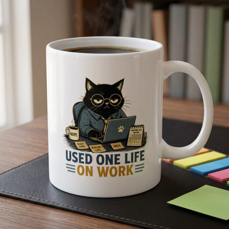 Funny No Regrets Cat Mug, Burnout Office Coffee Cup, Work From Home ...