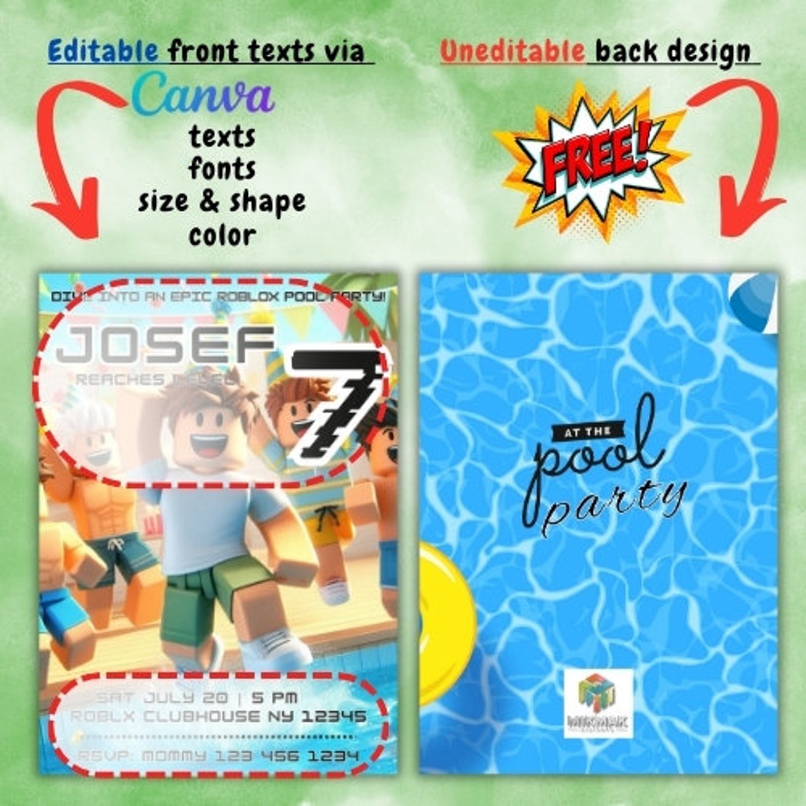 Roblox Pool Party Birthday Invitation Gamer Party Invite Roblox Boy ...