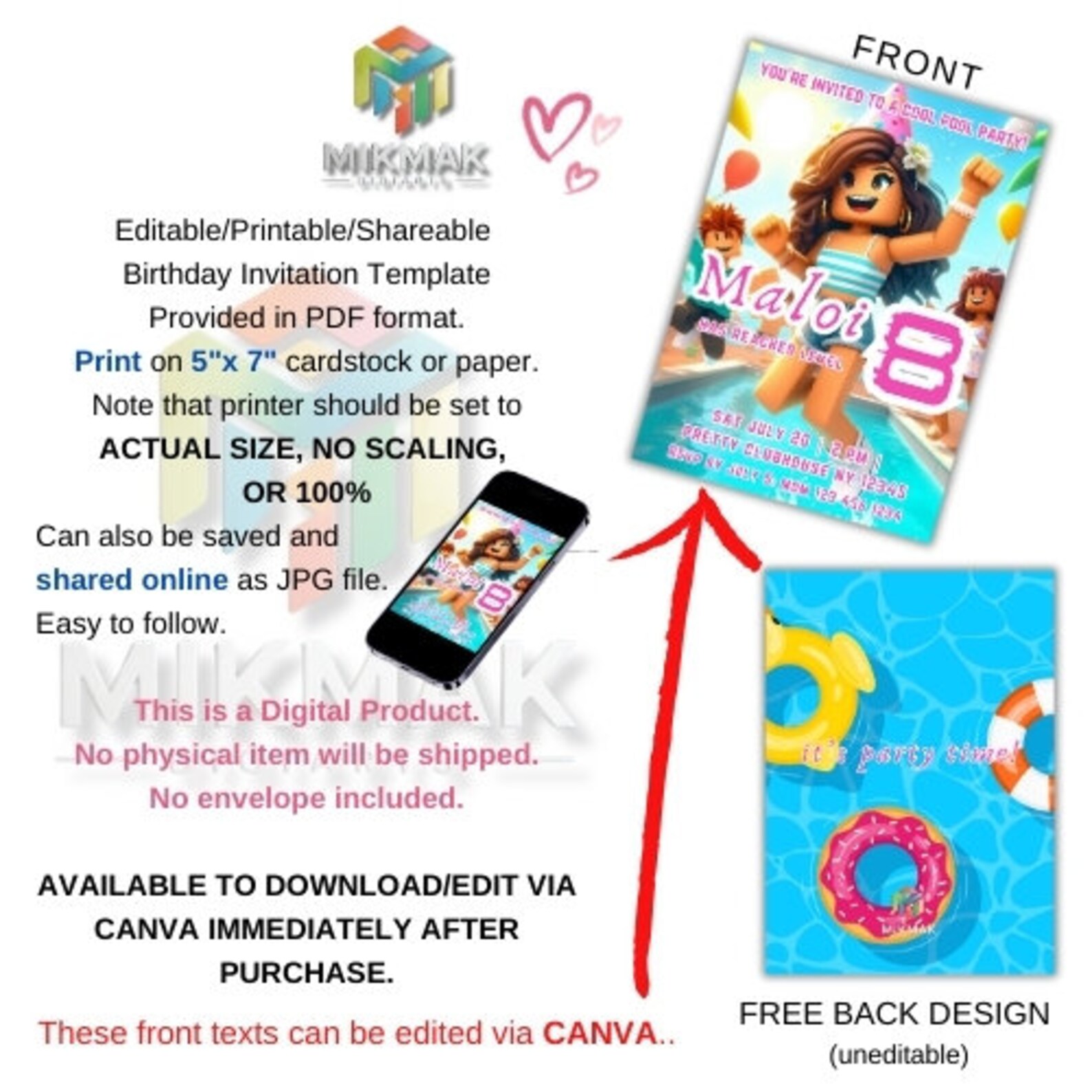 Roblox Pool Party Birthday Invitation, Roblox Themed Invite, Kids ...