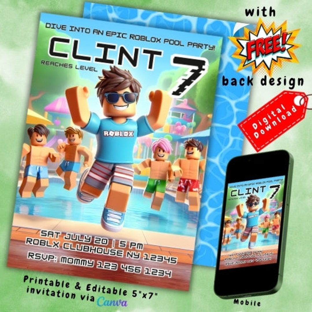 Roblox Boys Birthday Pool Party Invitation Roblox Themed Invite Kids ...