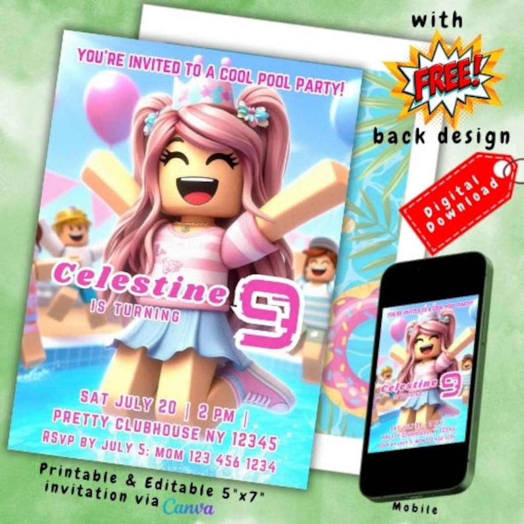 Roblox Pool Party Birthday Invitation, Gamer Party Invite, Pool Party ...