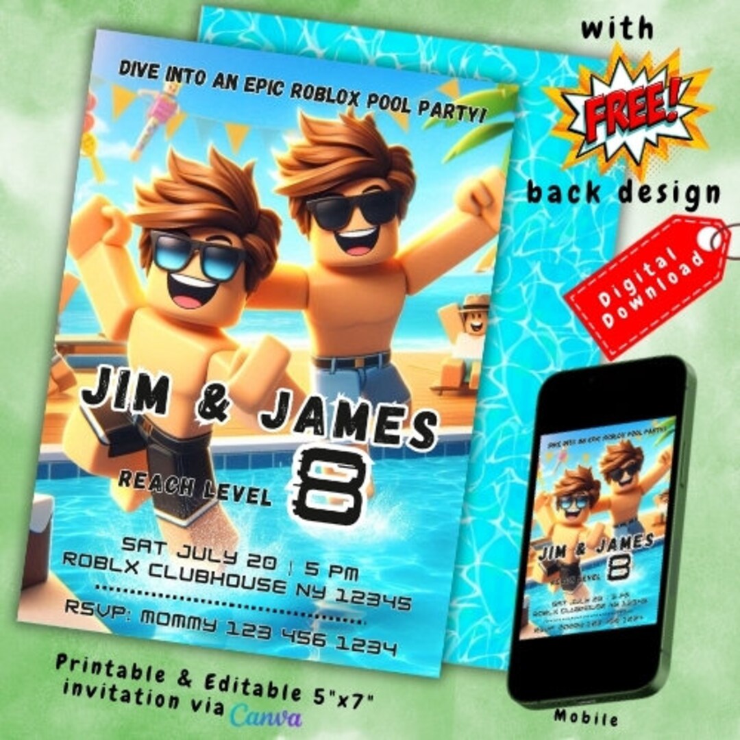 Roblox Boy Birthday Pool Party Invitation Roblox Themed Invite Kids ...