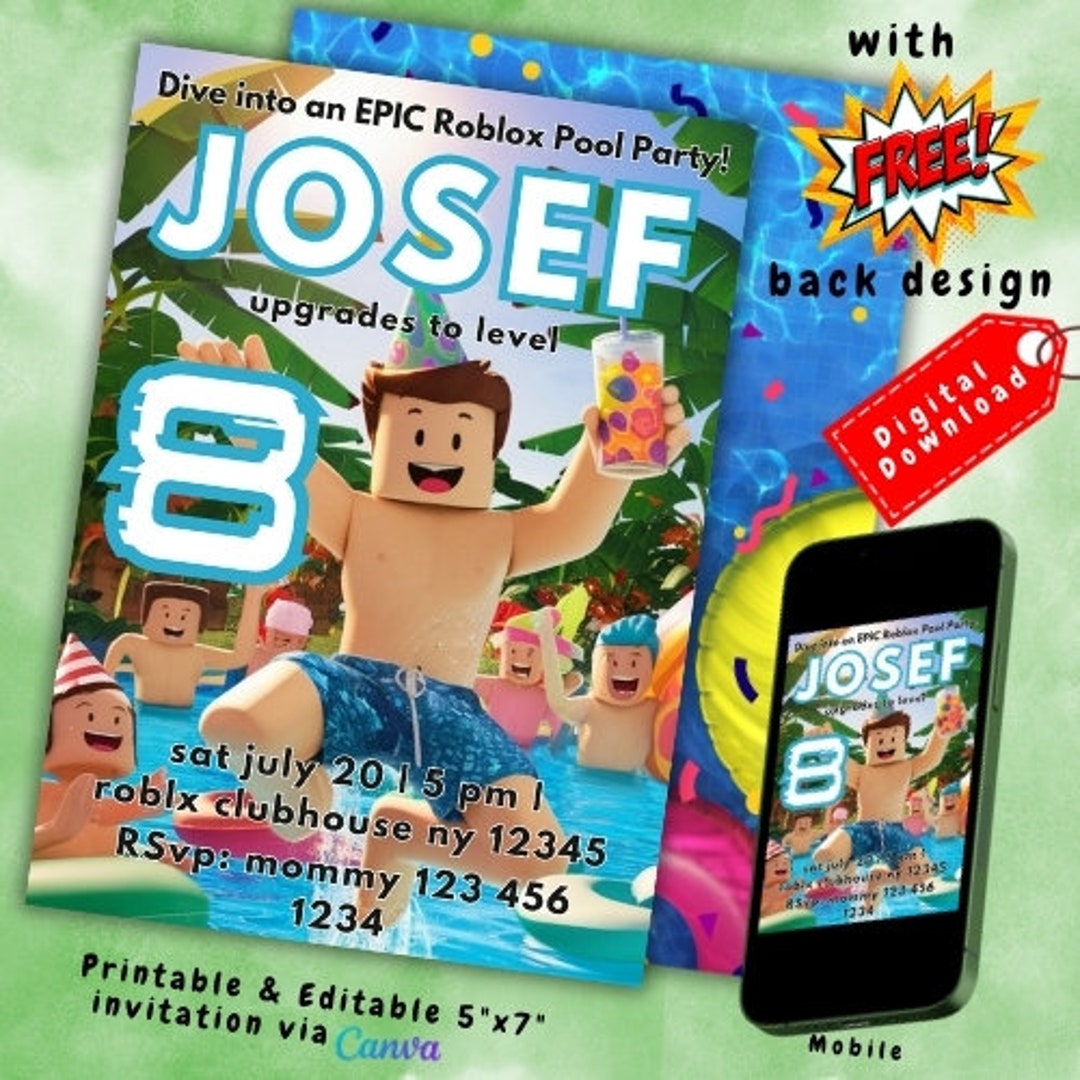 Roblox Boy Birthday Pool Party Invitation Roblox Themed Invite Kids ...