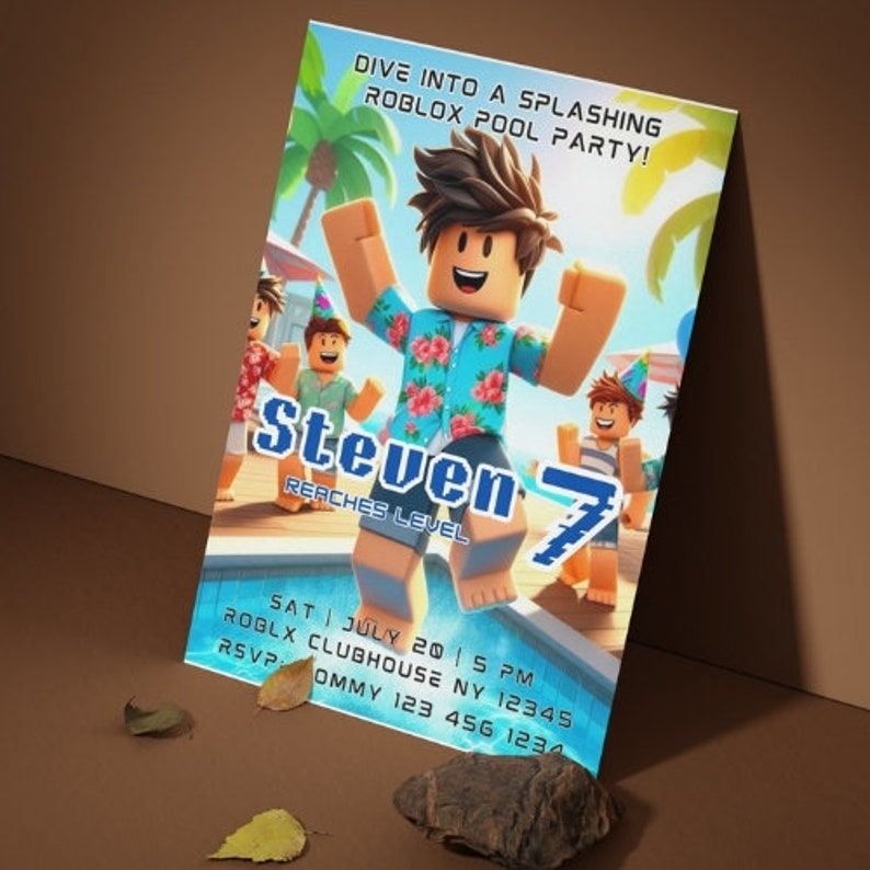 Roblox Pool Party Birthday Invitation Gamer Party Invite Roblox Boy ...