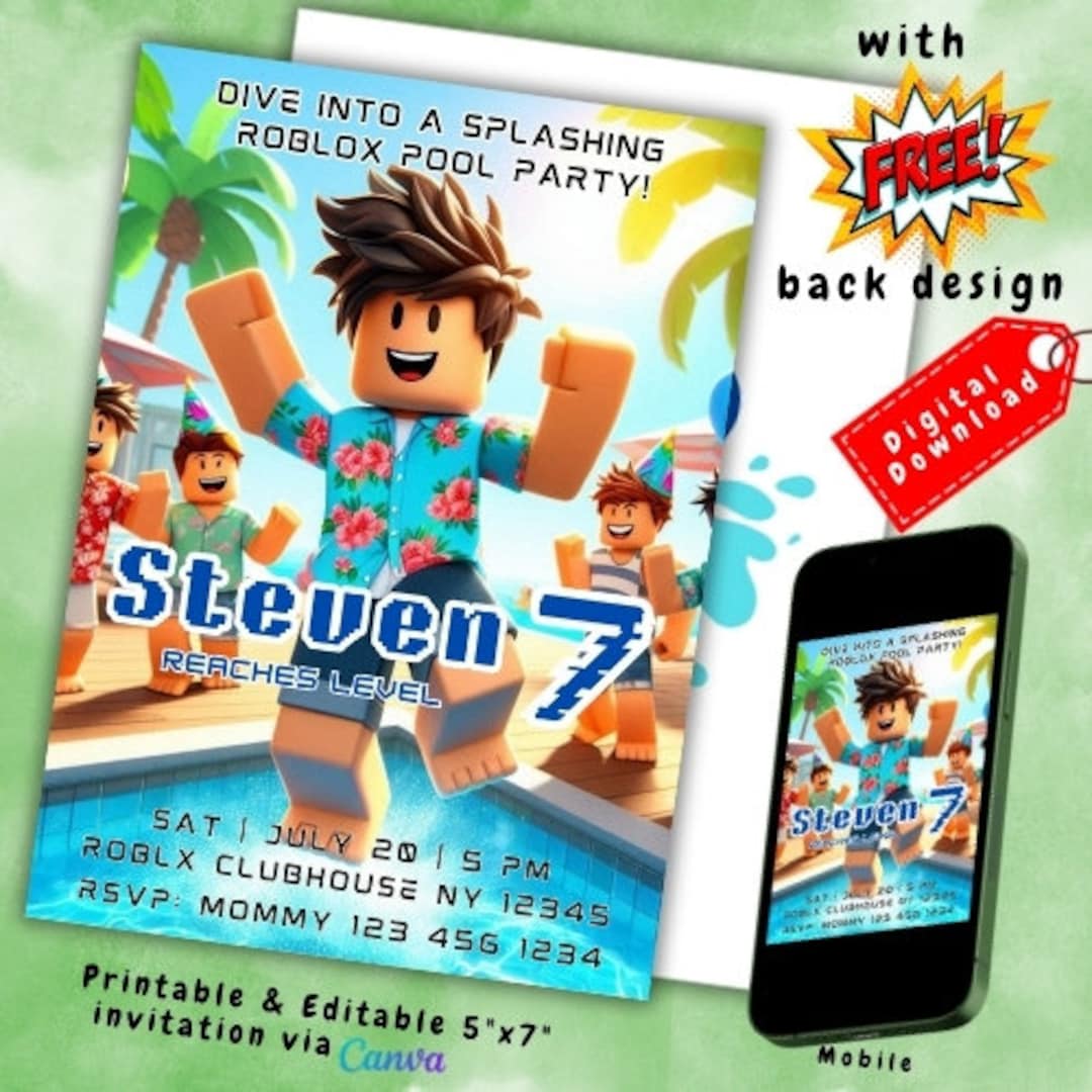 Roblox Pool Party Birthday Invitation Gamer Party Invite Roblox Boy ...
