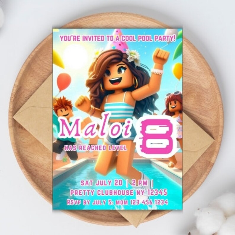 Roblox Pool Party Birthday Invitation, Gamer Party Invite, Pool Party ...