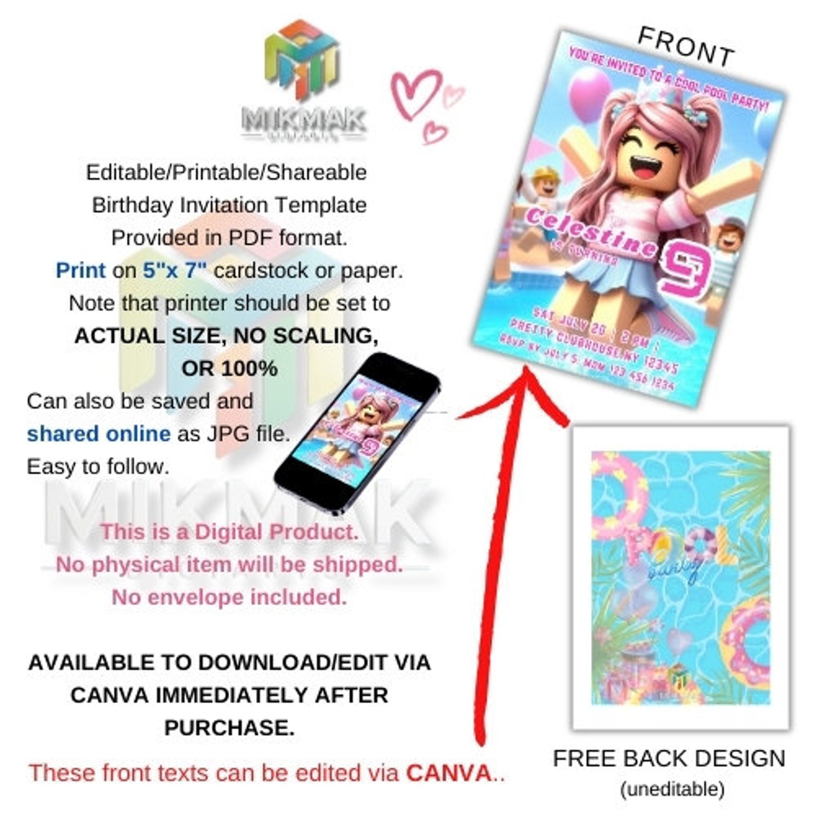 Roblox Pool Party Birthday Invitation, Roblox Themed Invite, Kids ...