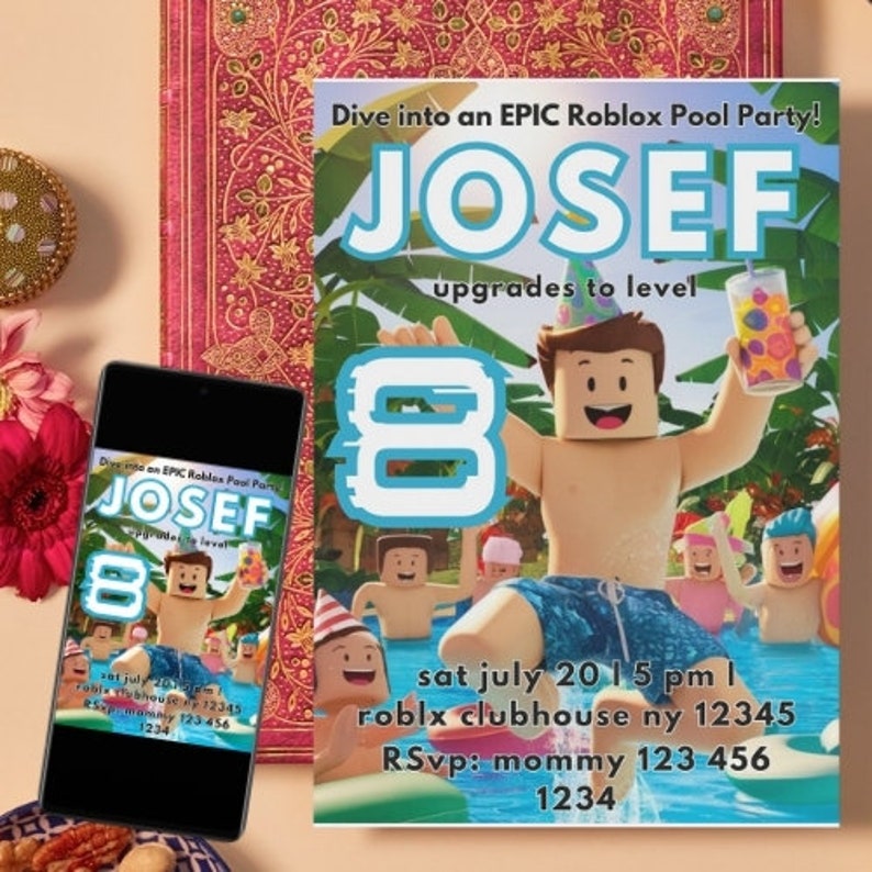 Roblox Boy Birthday Pool Party Invitation Roblox Themed Invite Kids ...
