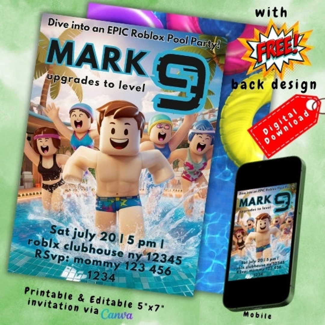 Roblox Boy Birthday Pool Party Invitation Roblox Themed Invite Kids ...