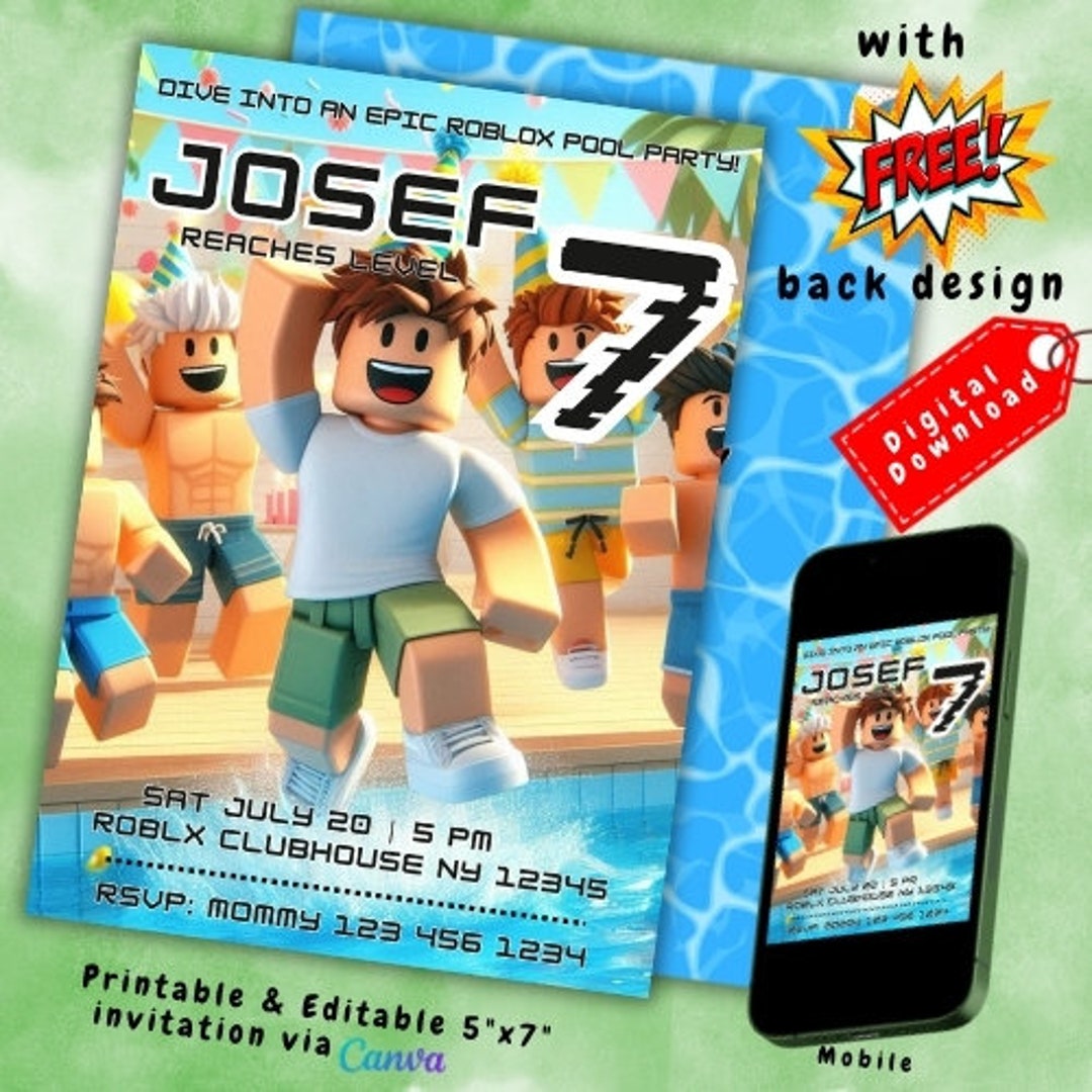 Roblox Boy Birthday Pool Party Invitation Roblox Themed Invite Kids ...