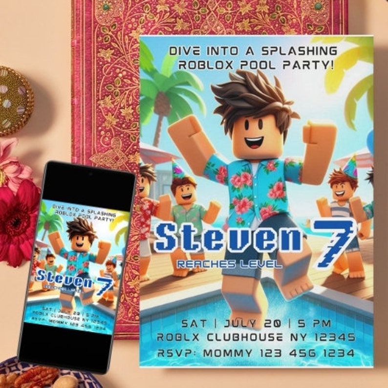 Roblox Pool Party Birthday Invitation Gamer Party Invite Roblox Boy ...