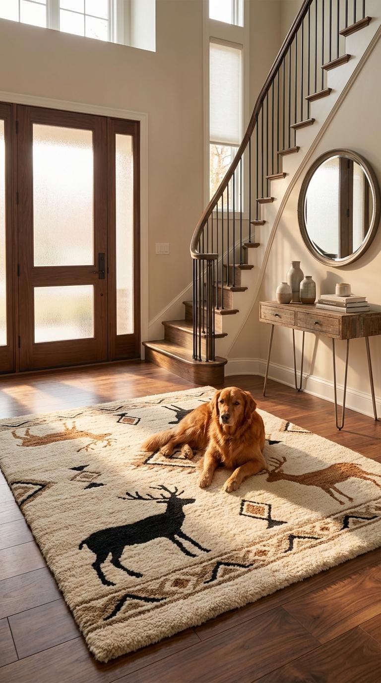 Hand Tufted Deer Area Rug, Rustic Cabin Lodge Wool Rug, Neutral ...