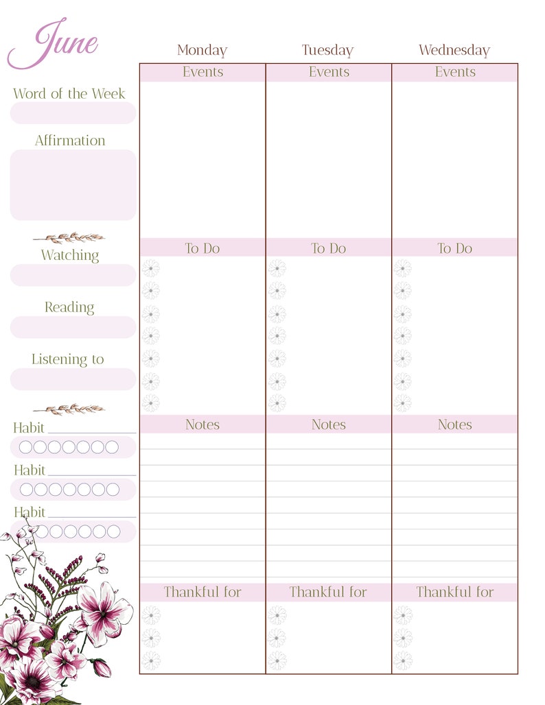 Undated Monthly & Weekly Planner Pages - Floral - Etsy