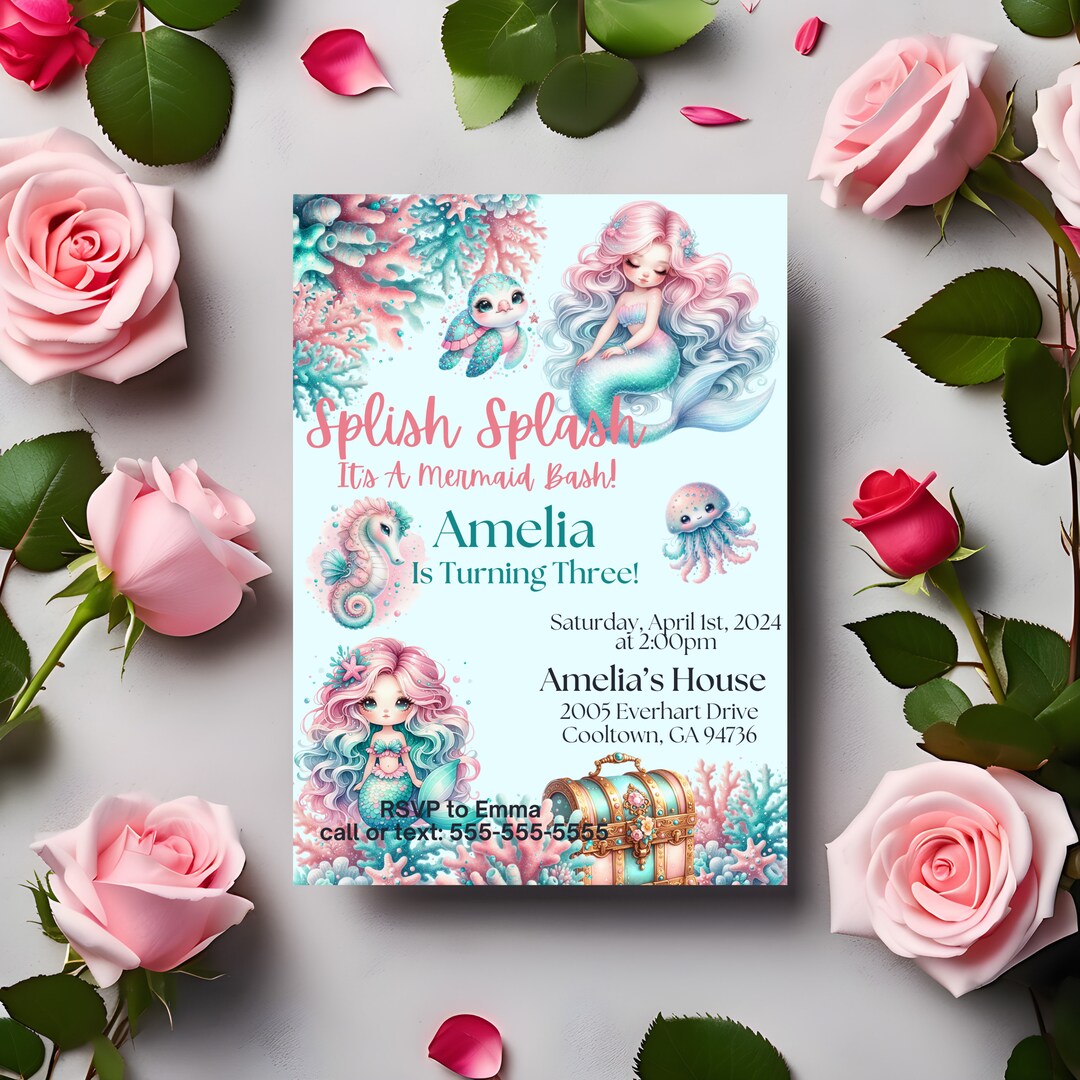 Digital Mermaid Birthday Invitation, Happy Birthday Editable Invite ...