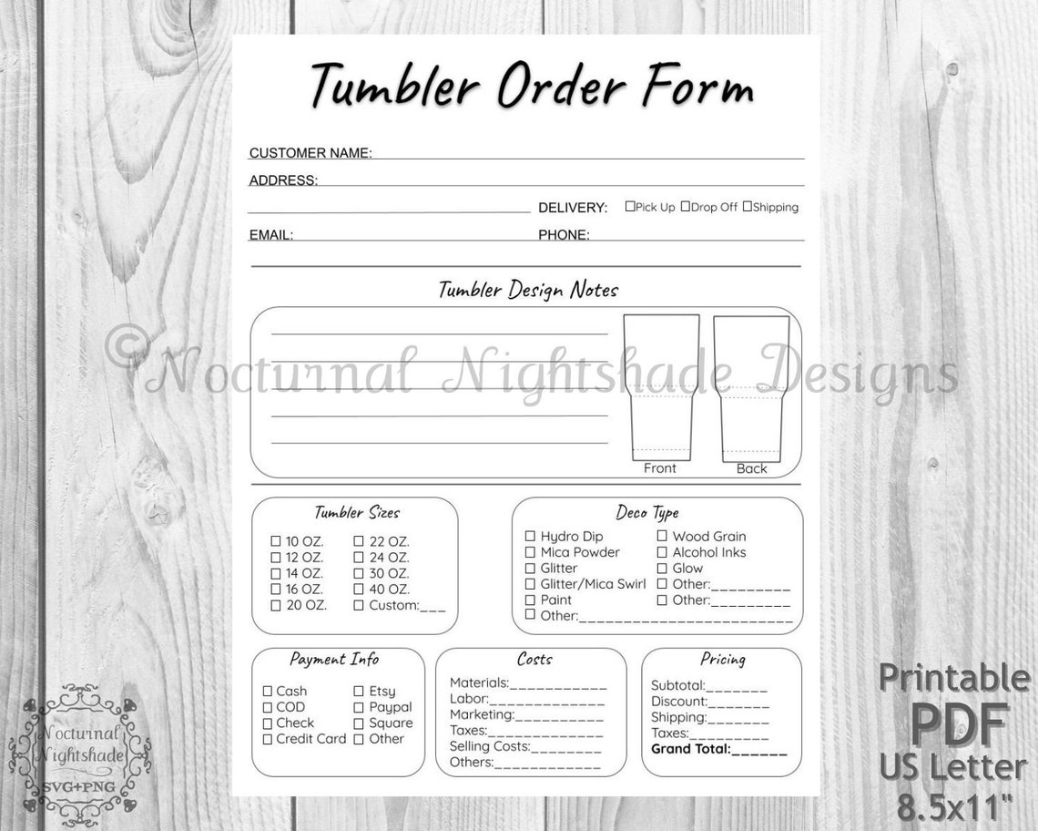 Tumbler Order Form Custom Tumbler Order Forms Order Form for | Etsy