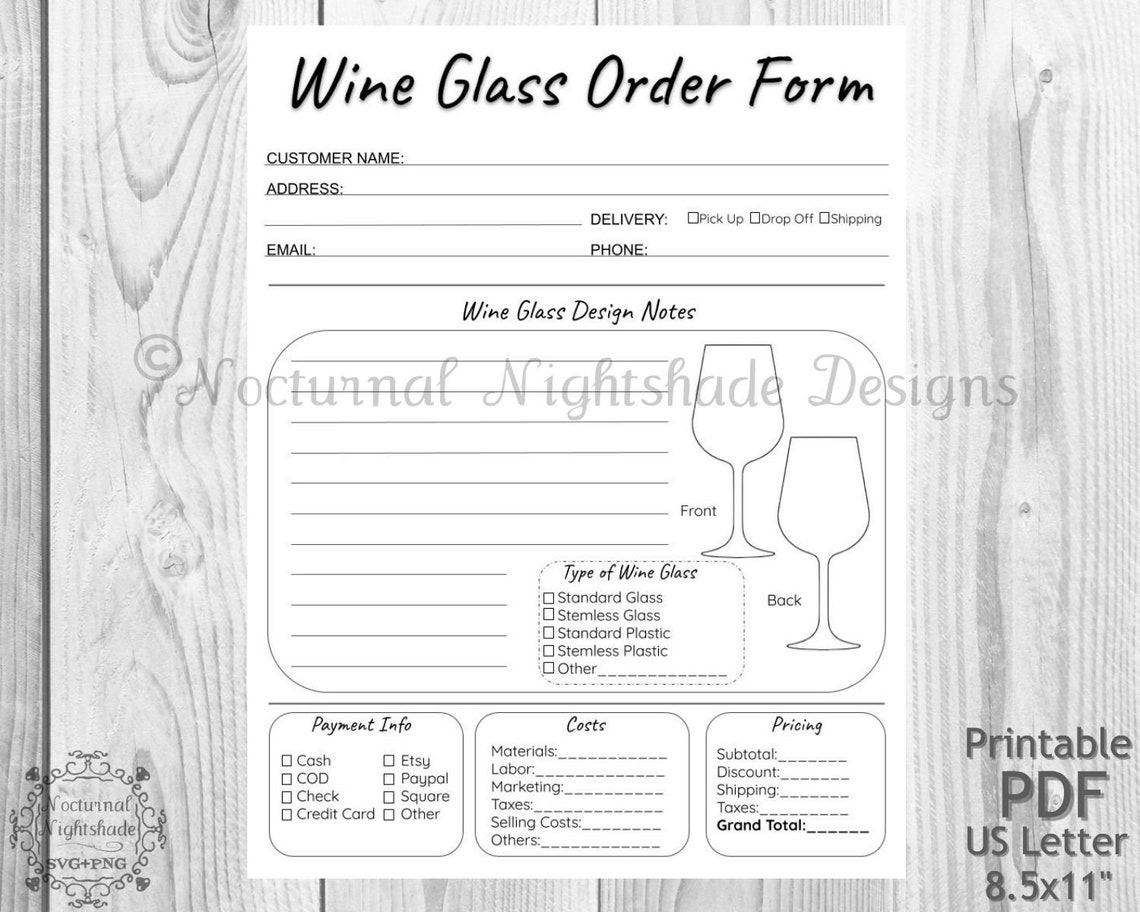Wine Glass Order Form Custom Wine Glass Order Forms Order - Etsy