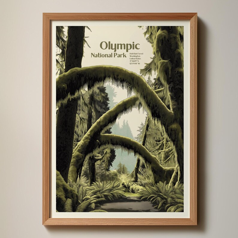 Olympic Hoh Rainforest Art | National Park Woodcut Poster | Retro ...