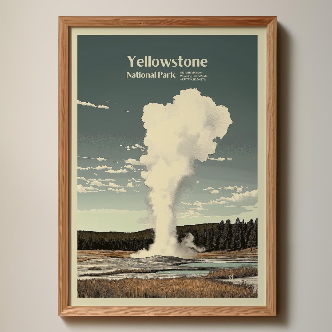 Yellowstone Old Faithful Geyser Art Print | National Park Woodcut ...