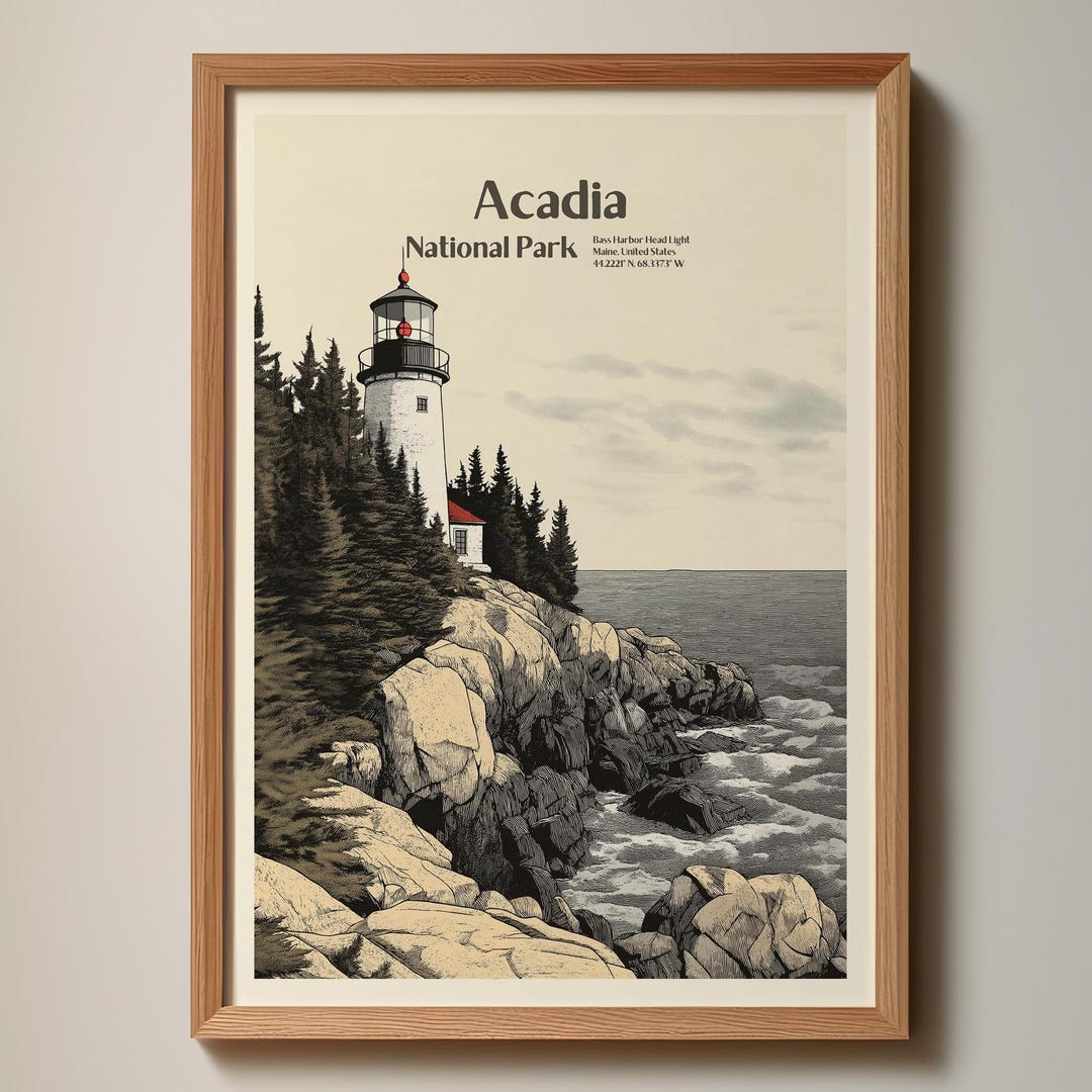 Acadia Bass Harbor Lighthouse Art Print | National Park Woodcut Poster ...
