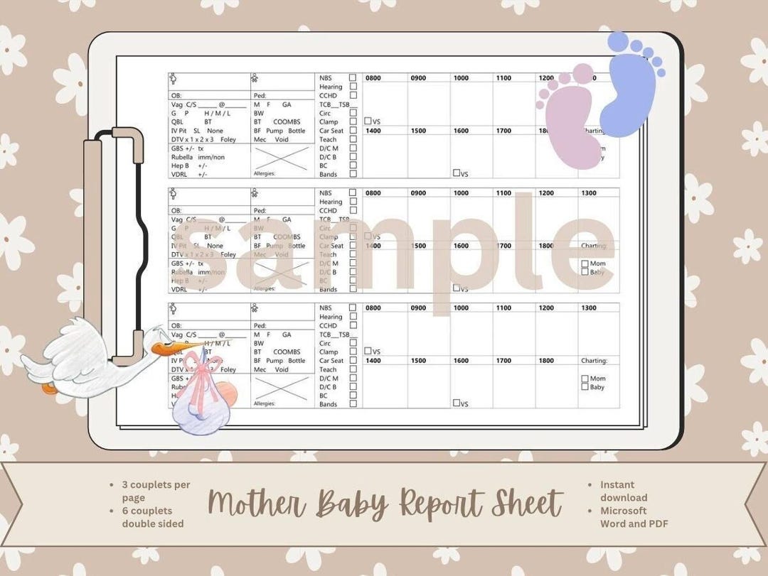 Mother-baby Postpartum OB Couplet Care Nurse Report Sheet Brain ...