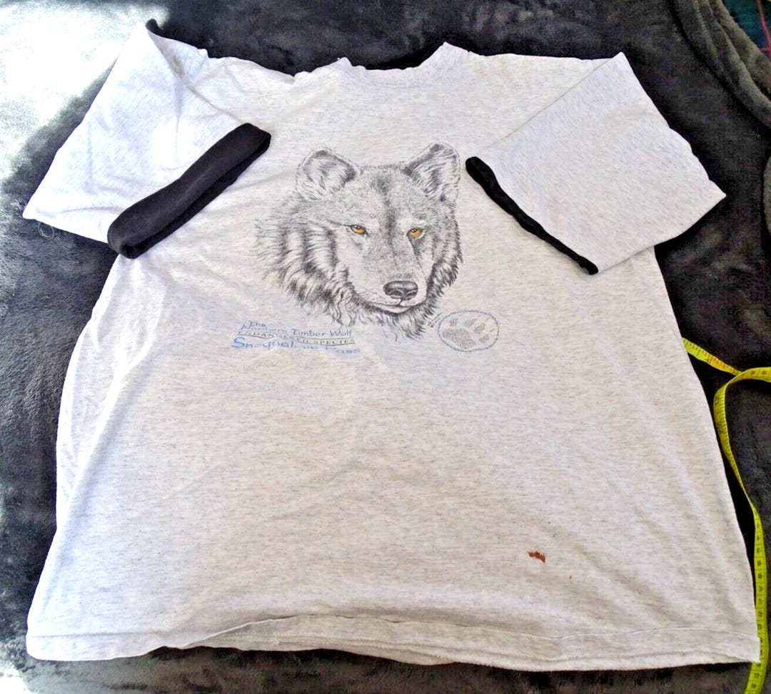 VINTAGE 90s Endangered Timber Wolf Animal Double Collar Sleeve Shirt XL ...