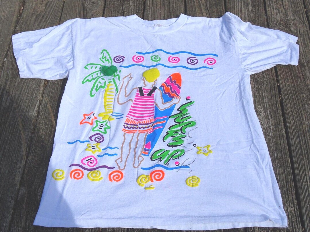 Vintage 80s Neon Puff Paint Surfs up Surfing Neon White T-shirt Size XL ...