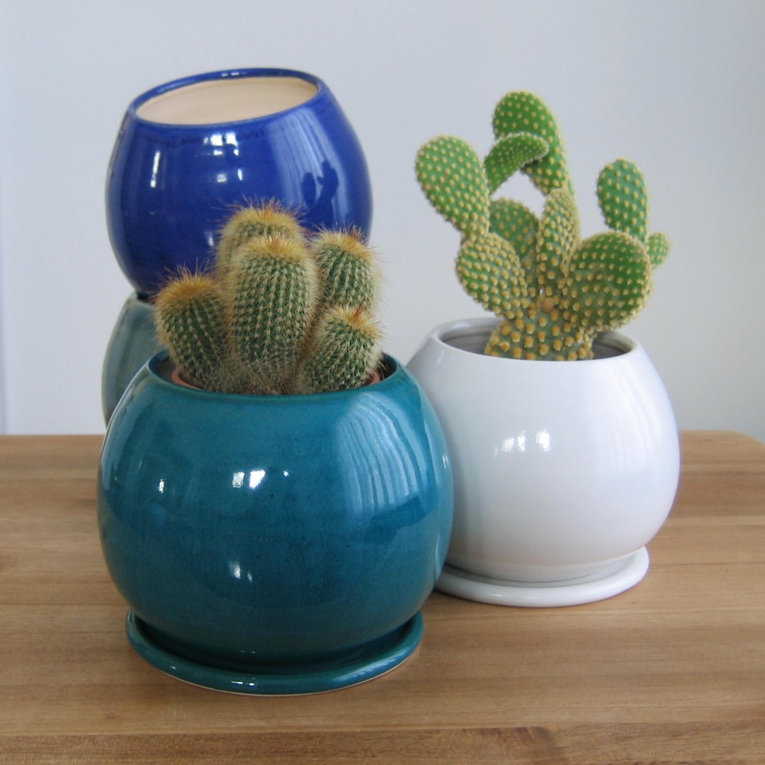 Medium Pottery Sphere Planter With Drainage Tray - Handmade Minimalist ...
