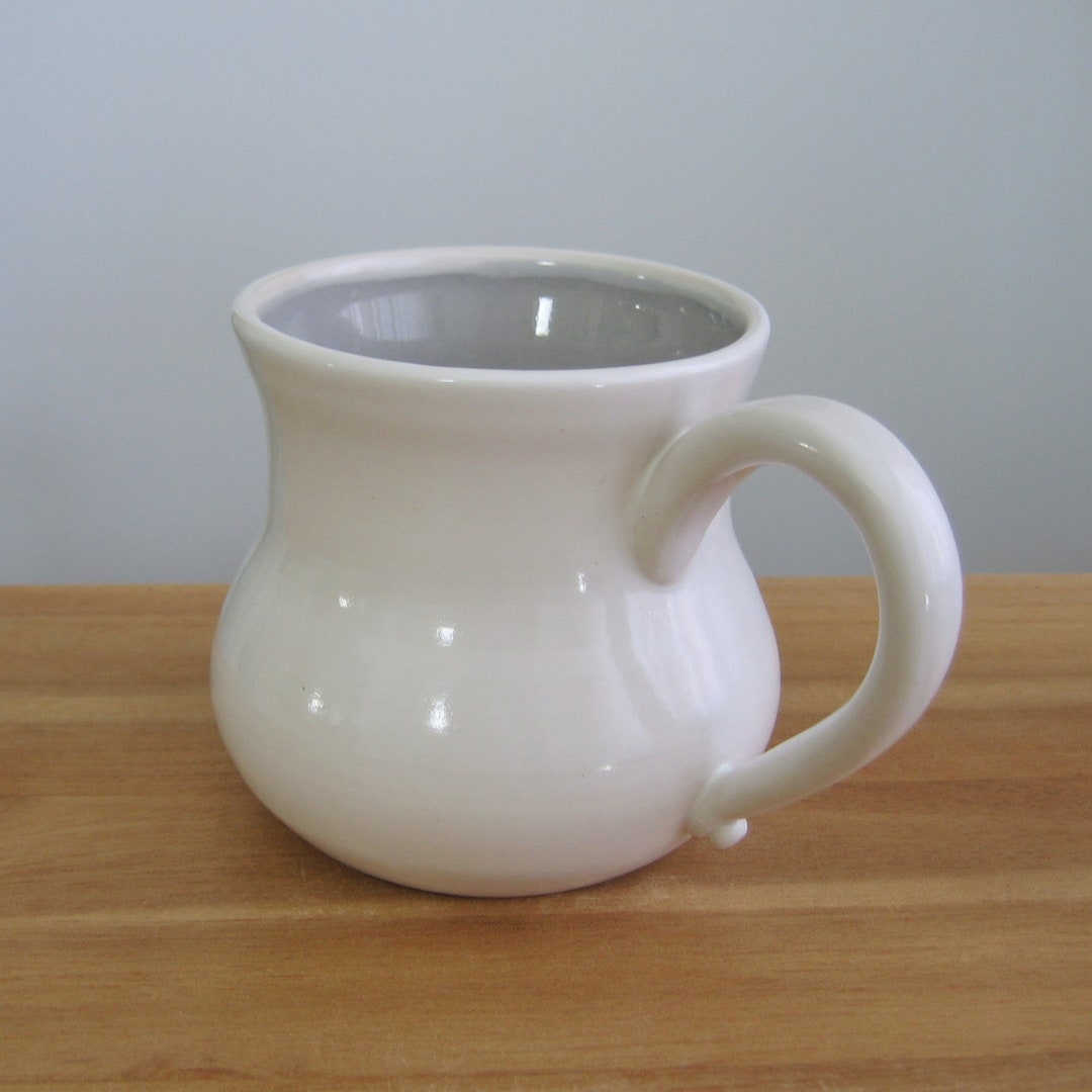 Gray Pot Belly Mug, Large Pottery Coffee Mug, Modern White 14 Oz. Hand ...