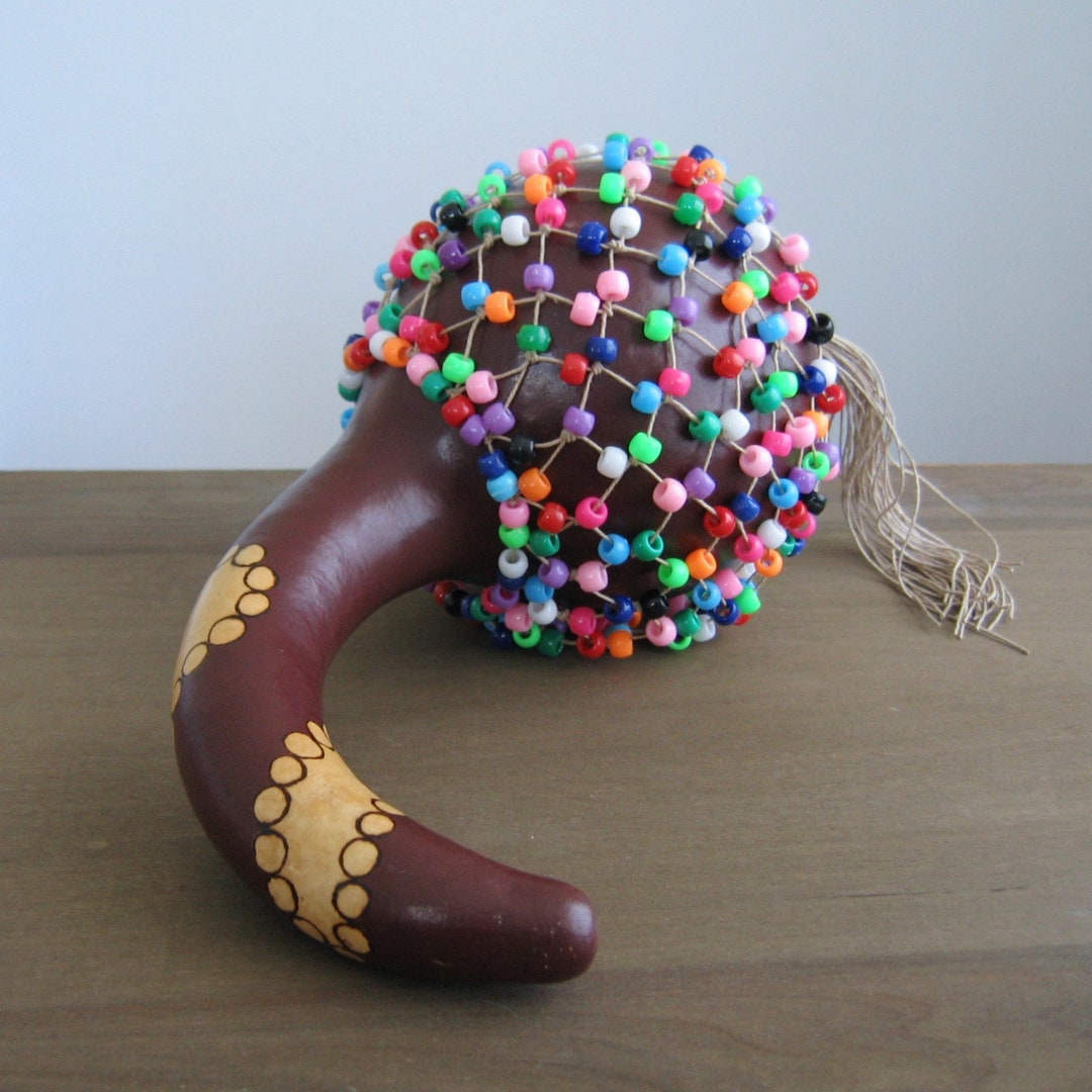 Gourd Rattle, Rainbow Shekere, Beaded Musical Instrument, Natural ...