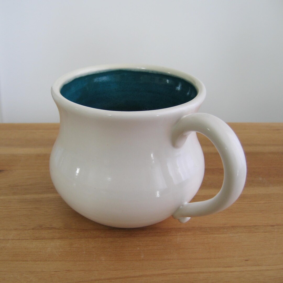 Large Fat Pot Belly Mug, Modern Pottery Coffee Mug in Peacock Blue and ...